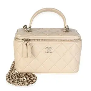 CHANEL Beige Quilted Lambskin Small Top Handle Vanity Case With Chain