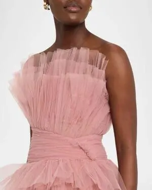 Pamella Roland Strapless Tiered Tulle High-low Gown - Rose