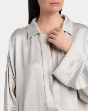 Giorgio Armani Hammered Satin Plunging Collared Shirt - Silver