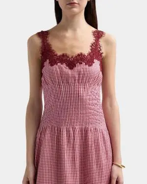Cami Nyc Kairina Lace-trim Gingham Drop-waist Midi Dress - Berry Ging