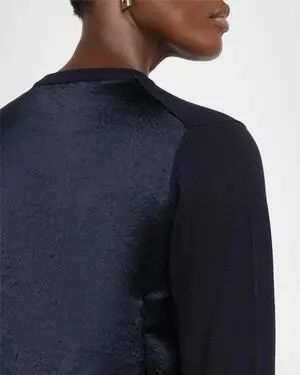 JASON WU Merino Wool Crewneck Cardigan With Satin Panel - Navy