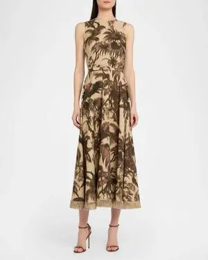 Oscar De La Renta Sleeveless Chine Palm-print Belted Midi Dress - Espresso