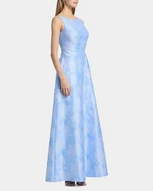 KAY UNGER Caitlin Pleated Floral Jacquard Gown - Spring Blu