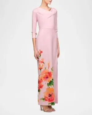 KAY UNGER Magnolia Floral-print Stretch Crepe Column Gown - Bloom Mult