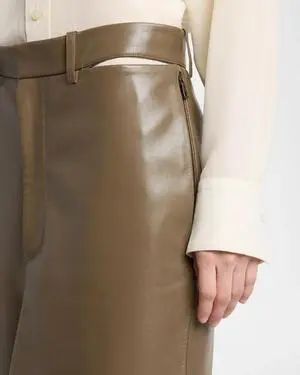 Victoria Beckham Slit Waistband Leather Midi Kick Skirt - Tree Bark