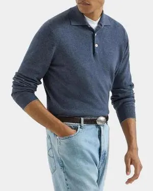 Brunello Cucinelli Apos;s Cashmere Knit Long-sleeve Polo Shirt - Denim