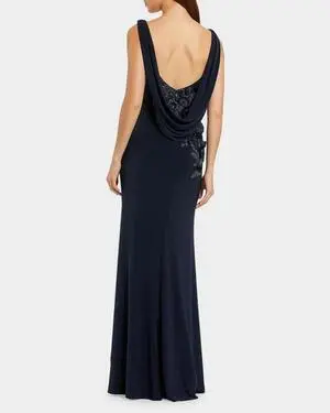 Mac Duggal Evening Beaded Jersey Sleeveless Gown Midnight