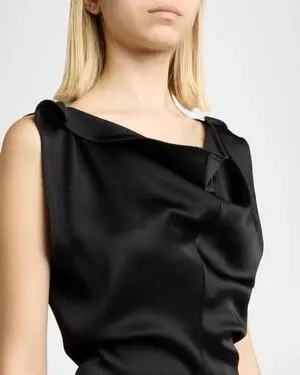 Victoria Beckham Asymmetric Draped Sleeveless Satin Midi Dress - Black