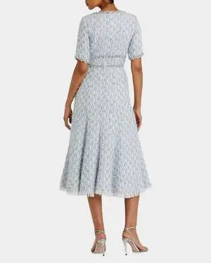 Mac Duggal Short-sleeved Beaded Tweed Midi Dress - Blue Multi