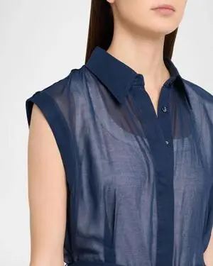Brunello Cucinelli Sleeveless Sheer Cotton Organza Belted Midi Shirtdress - Navy