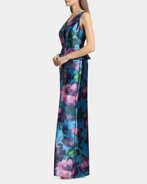 KAY UNGER Celeste Floral Mikado Column Gown - Spring Aqu