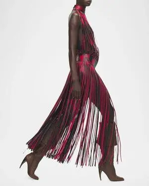 Alexander McQueen Floral-print Leather Fringe Maxi Dress - Blackmulti
