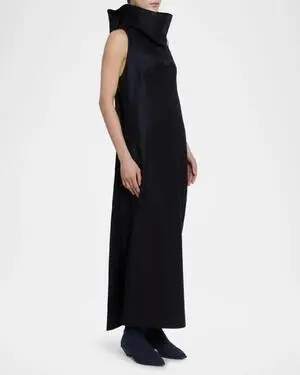 Issey Miyake Sculptural Turtleneck Wool Sleeveless Maxi Dress