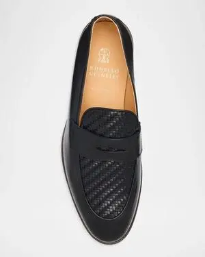 Brunello Cucinelli Apos;s Woven Vamp Leather Penny Loafers - Navy
