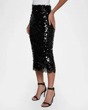 L & APOS;AGENCE Makena Sequined Lace Pencil Skirt - Black