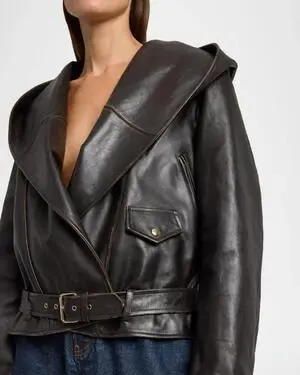 Alaïa Leather Hooded Biker Jacket