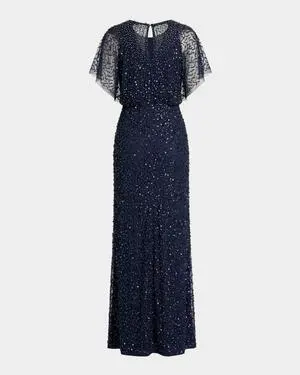Mac Duggal Beaded Sequined Shawl Gown