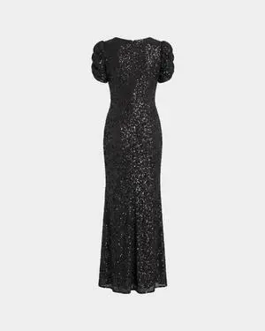 Mac Duggal Beaded Mesh Short-sleeve Gown - Black