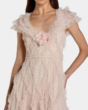 Mac Duggal Mesh Ruffled V-neck Midi-dress