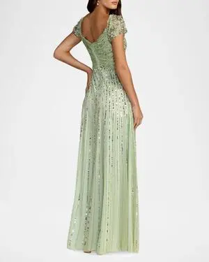 Mac Duggal Embellished Mesh Fit & Flare Gown Sage