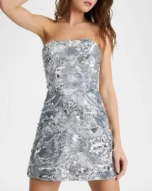 HELSI Linda Strapless Floral Sequin A-line Mini Dress - Platinum