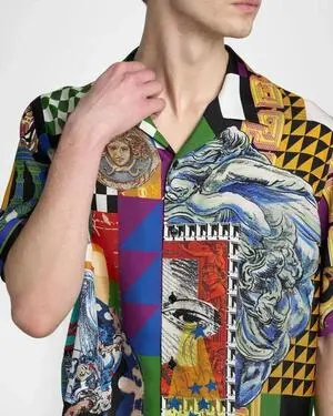 Versace Medusa Collage Silk Twill Camp Shirt - Multicolor