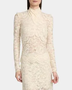 Rabanne Crisscross Mock-neck Lace Long-sleeve Top - Ivory