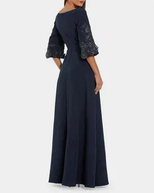 Mac Duggal Beaded Bell-sleeve Crepe Gown - Midnight
