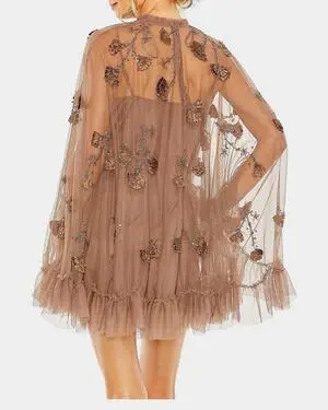 Mac Duggal Embellished Mesh A-line Mini Dress Chocolate