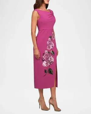 KAY UNGER Maeta Asymmetric Sequin Foral Midi Dress
