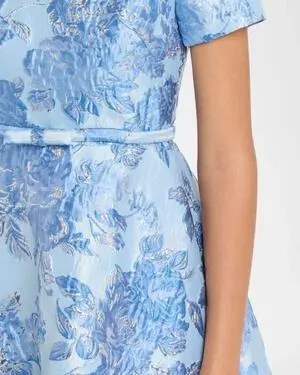 Pamella Roland Metallic Floral Jacquard Short-sleeve A-line Dress - Blue Multi