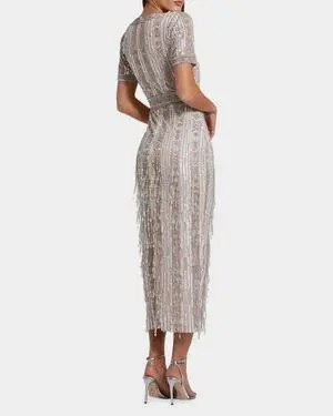 Mac Duggal Geometric Beaded Cocktail Midi Dress