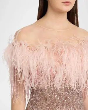 Pamella Roland Feather Beaded Off-the-shoulder Illusion Column Gown - Pink/silver
