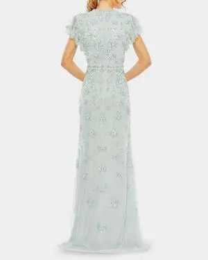 Mac Duggal Flutter-sleeve Beaded Applique Gown - Periwinkle