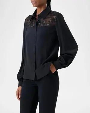 Akris Sequin Embellished Silk Crepe Blouse - Black
