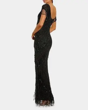 Mac Duggal Beaded Fringe Column Gown