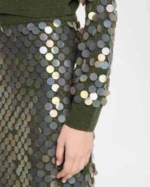 ZANKOV Sequined Cashmere Pointelle Knit Crop Cardigan - Olive