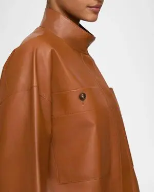 Lafayette 148 New York Oversized Cropped Leather Shirt Jacket - Copper