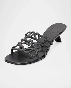 Loewe Petal Anagram Leather Caged Mule Sandals Black
