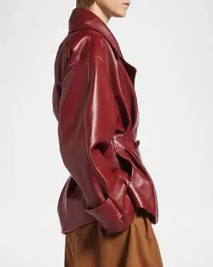 Balenciaga Pleated Leather Short Peplum Trench Coat