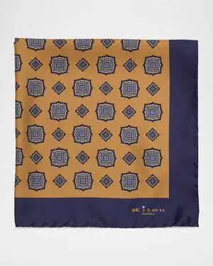Kiton Apos;s Printed Silk Pocket Square - Rust Navy