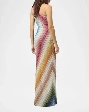 Missoni One-shoulder Metallic Zigzag Crochet Maxi Dress