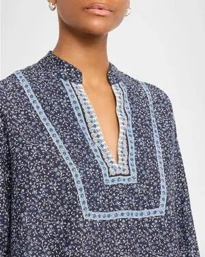 Veronica Beard Cyra Floral V-neck Blouse - Navy Multi