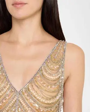 Lapointe Draped Crystal Embellished Tulle Sleeveless Top - Silver
