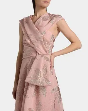 Talbot Runhof Metallic Floral Jacquard Draped One-shoulder Gown - Marble