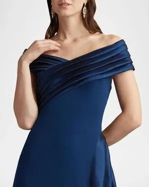 Tadashi Shoji Off-shoulder Draped Crepe Gown Navy
