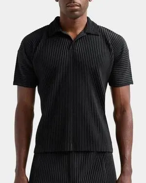 Issey Miyake Pleated Knit Polo Shirt - Black