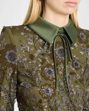 Badgley Mischka Belted Floral-embroidered Gown