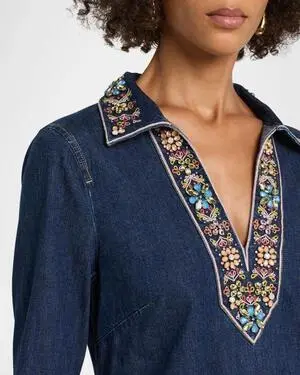 Cinq À Sept Pierson Embroidered Denim Mini Dress - Abyss