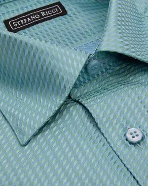 Stefano Ricci Apos;s Silk Tonal Geometric Jacquard Dress Shirt - Teal